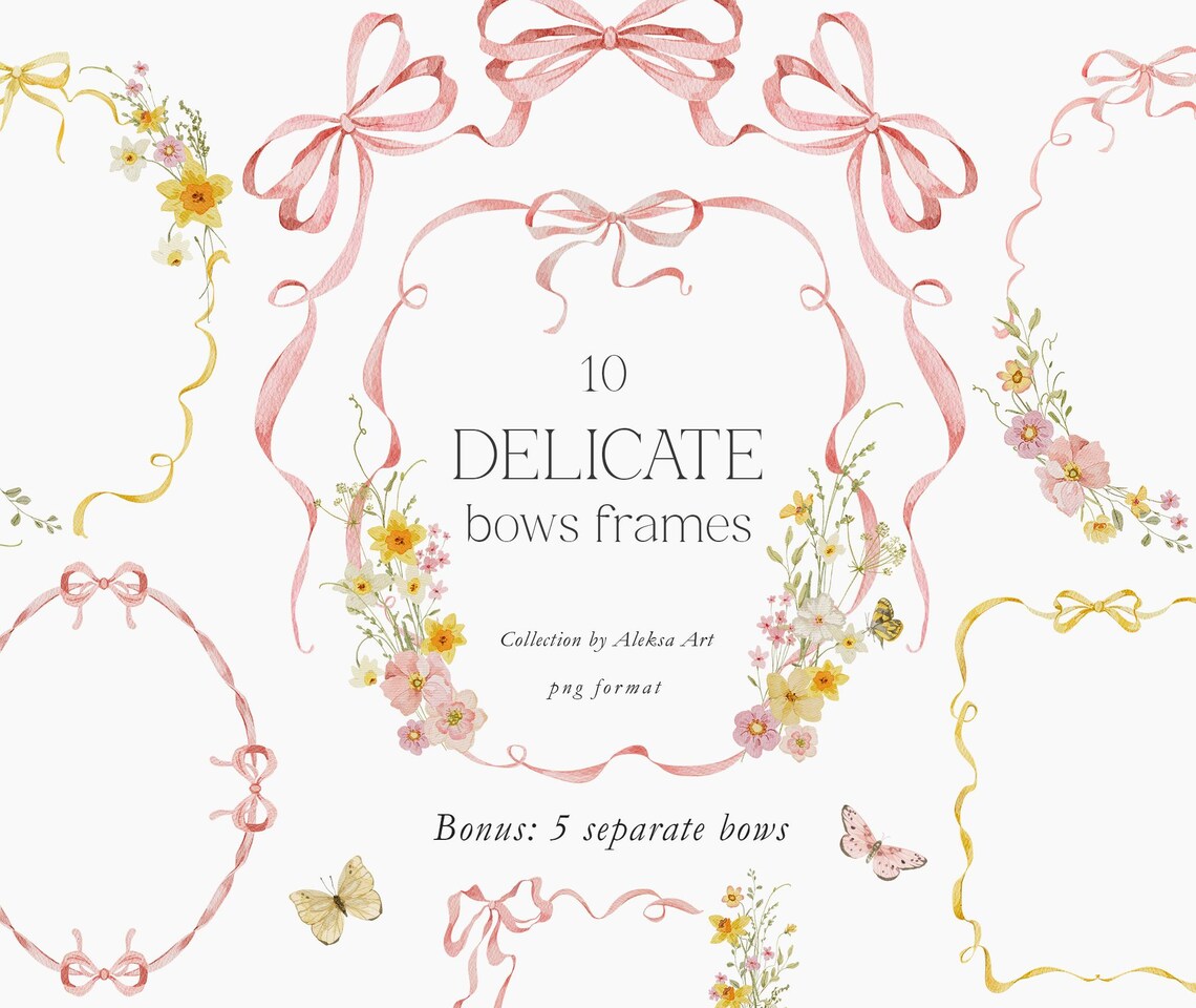 Watercolor Cute Bows Frame Bow Border Pink and Yellow Baby Ribbon ...