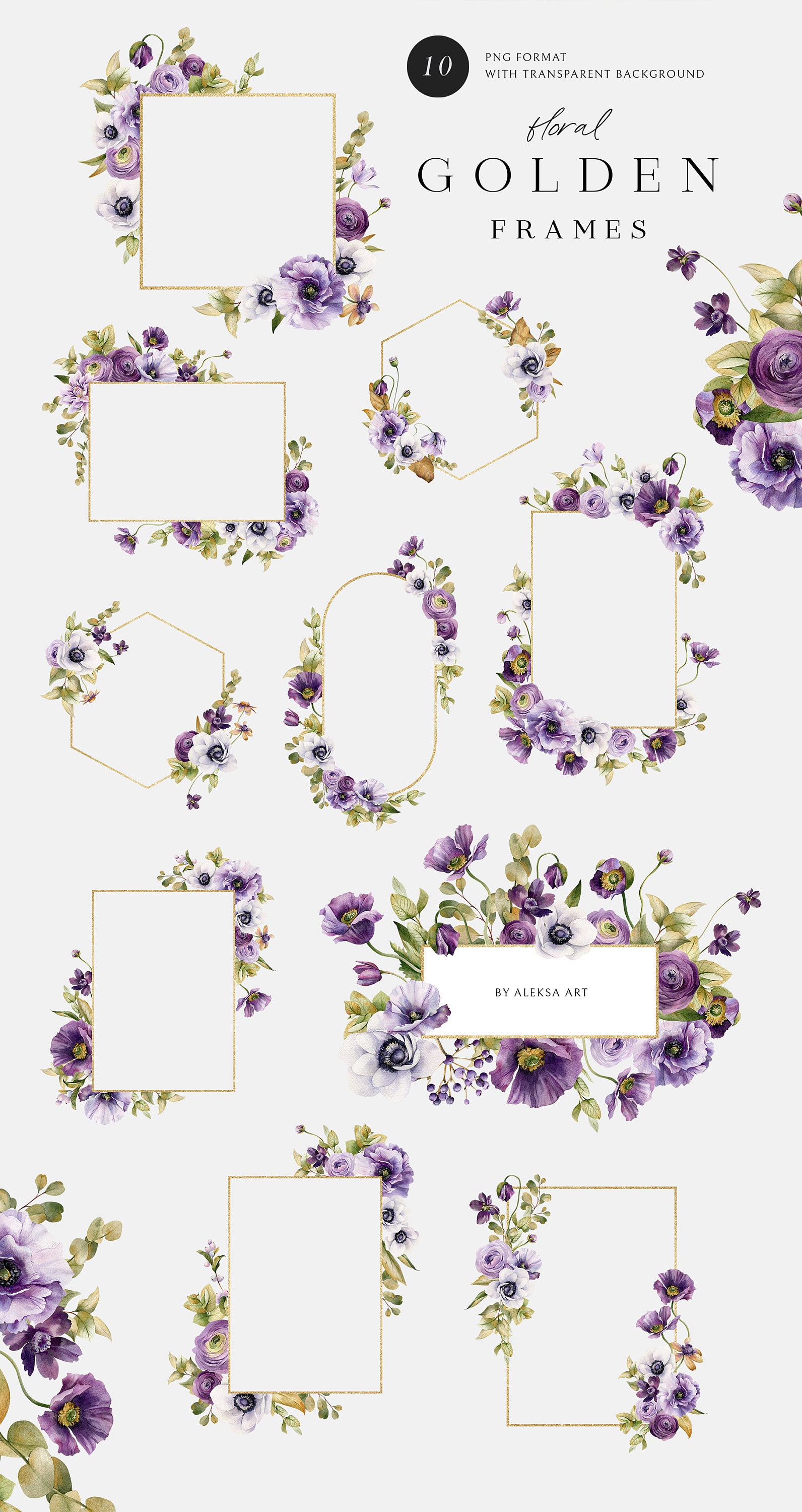Gold Floral Frames Watercolor Clipart Purple Flowers Gold Geometric ...