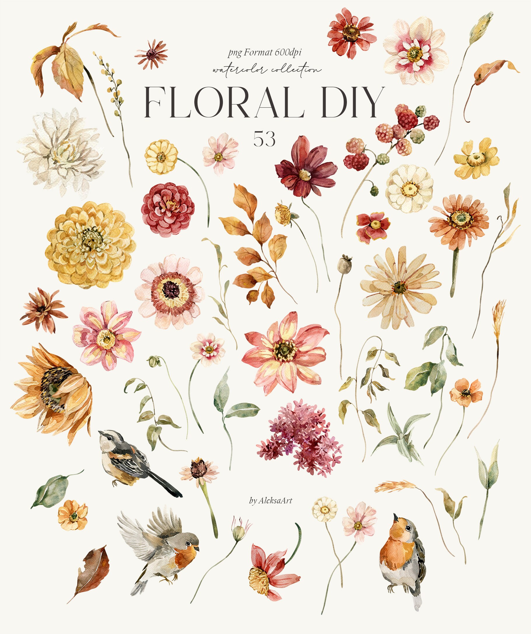 Watercolor Digital Clipart Flowers Individual PNG Files Wedding Invite ...
