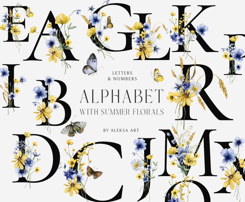 Wildflowers Alphabet Clipart Numbers Watercolor Tiny Floral Letters ...