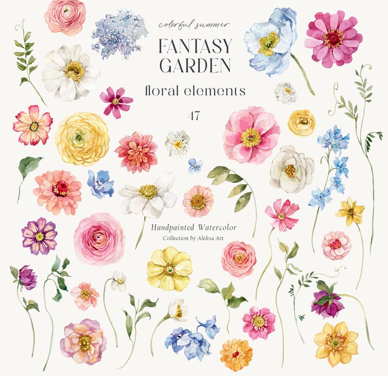 Fantasy Garden Flowers Watercolor Floral Elements Png Pastel Flowers ...