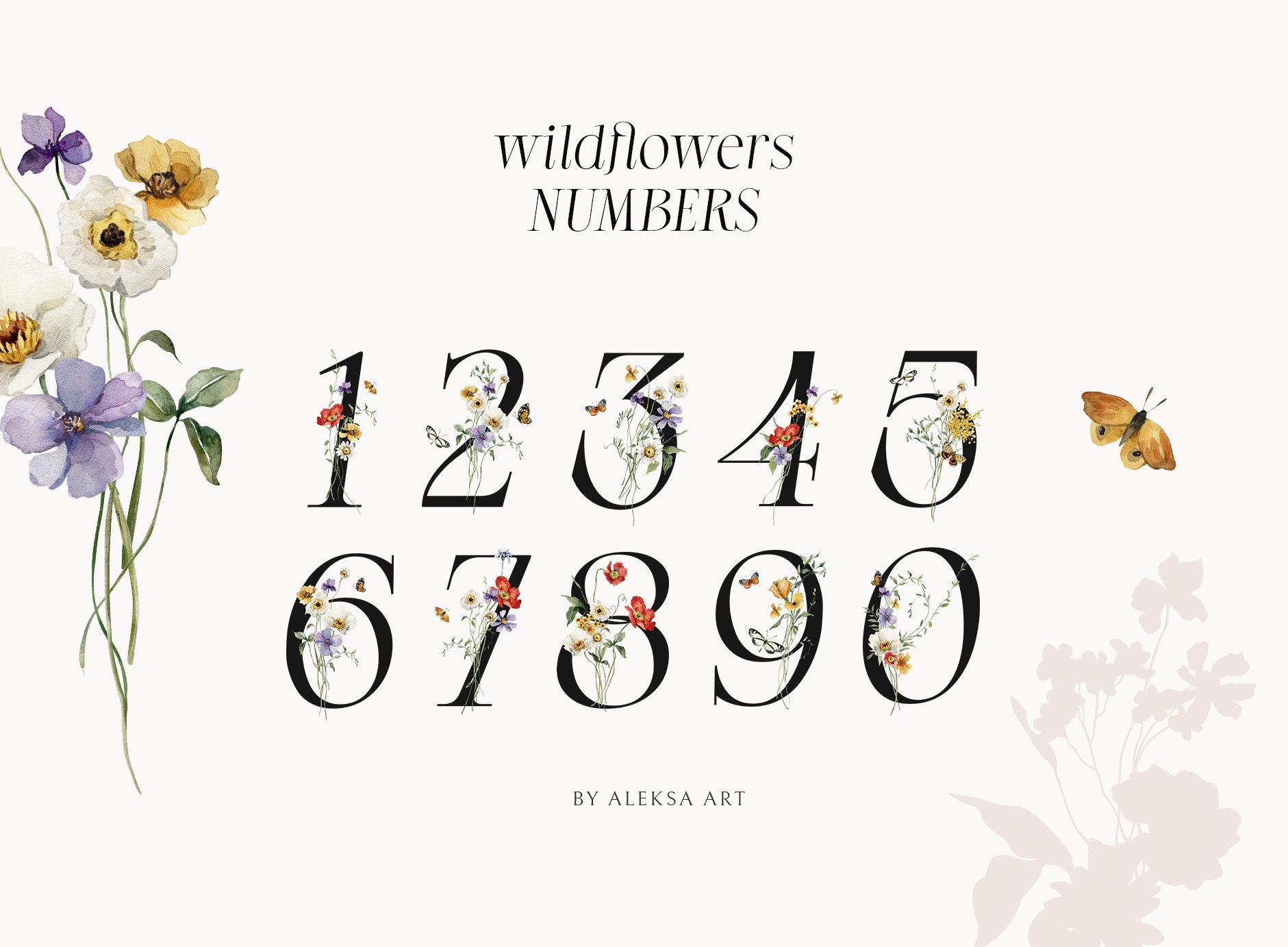 Floral Alphabet Clipart Summer Numbers Watercolor Tiny Floral Letters ...