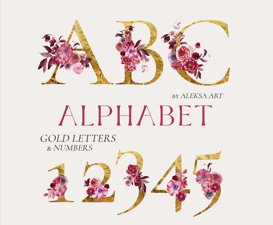 Gold Alphabet & Numbers Magenta Florals Watercolor Clipart Rose Pink ...