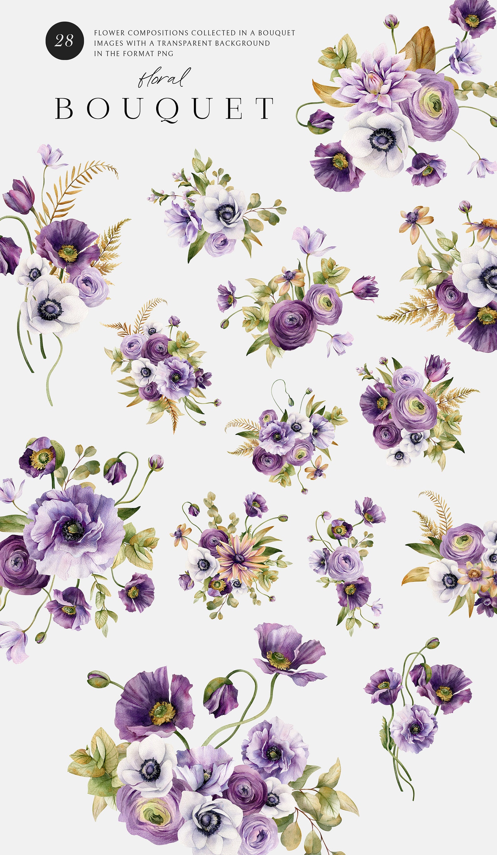 Watercolor Purple Flowers Clip Art Collection Bouquets Lilac Flowers ...