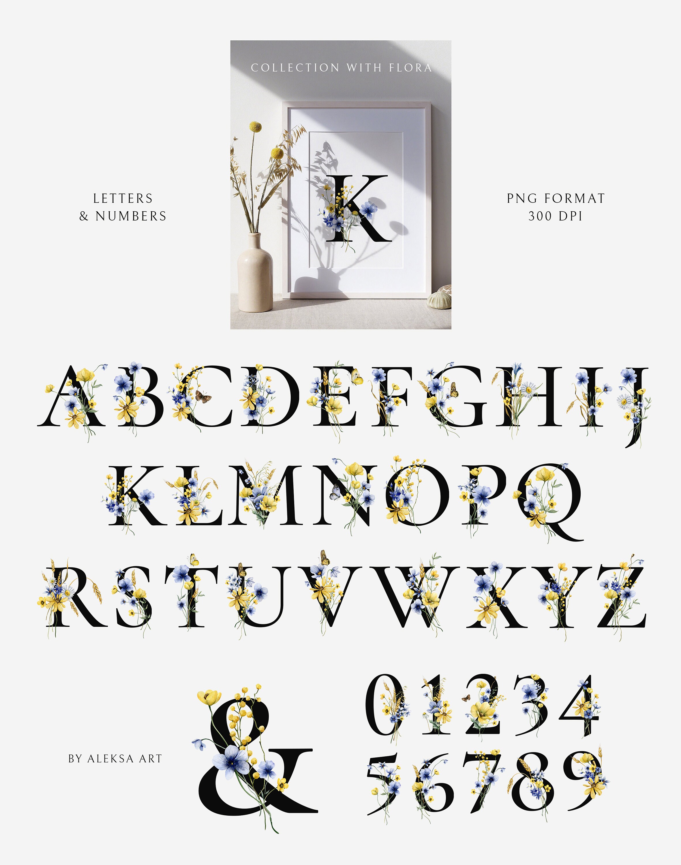 Wildflowers Alphabet Clipart Numbers Watercolor Tiny Floral Letters ...