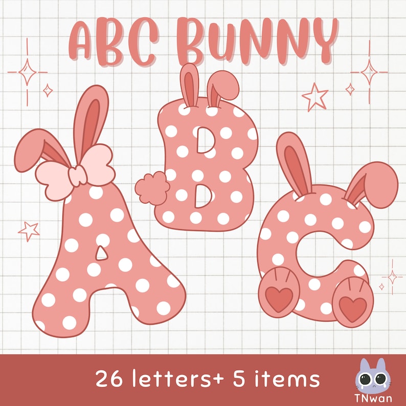Easter Bunny Alphabet Letters PNG: Polkadot Doodle Font (digital ...