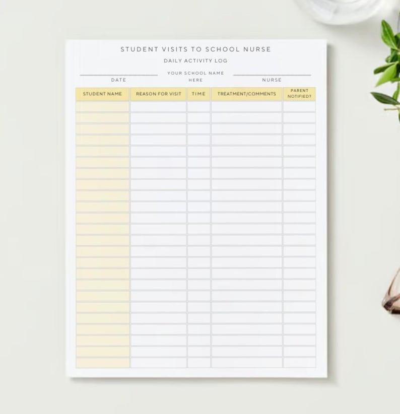 School Nurse Student Health Office Daily Log I Student Health Log I ...