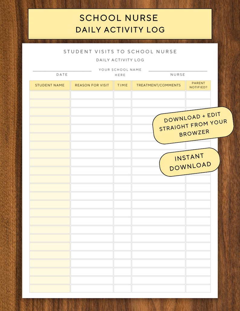 School Nurse Student Health Office Daily Log I Student Health Log I ...