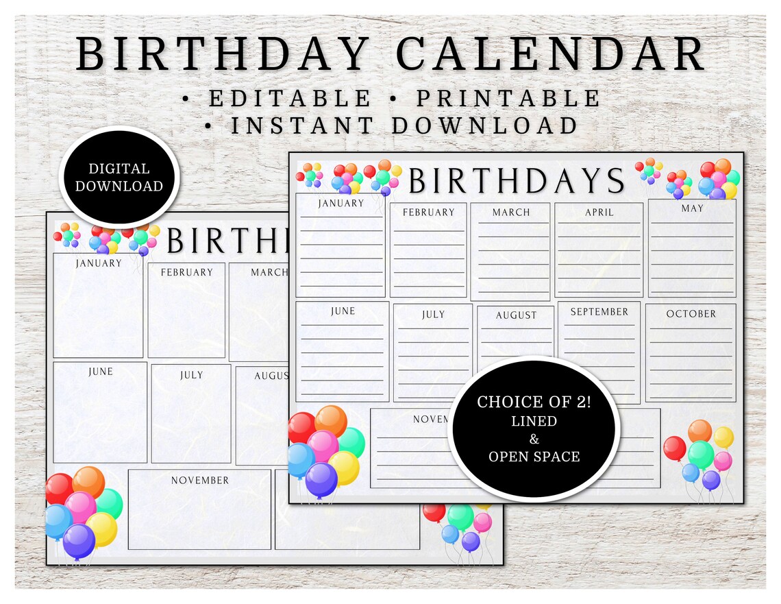 Birthday Tracker Printable Template, Birthday Calendar, Birthday ...