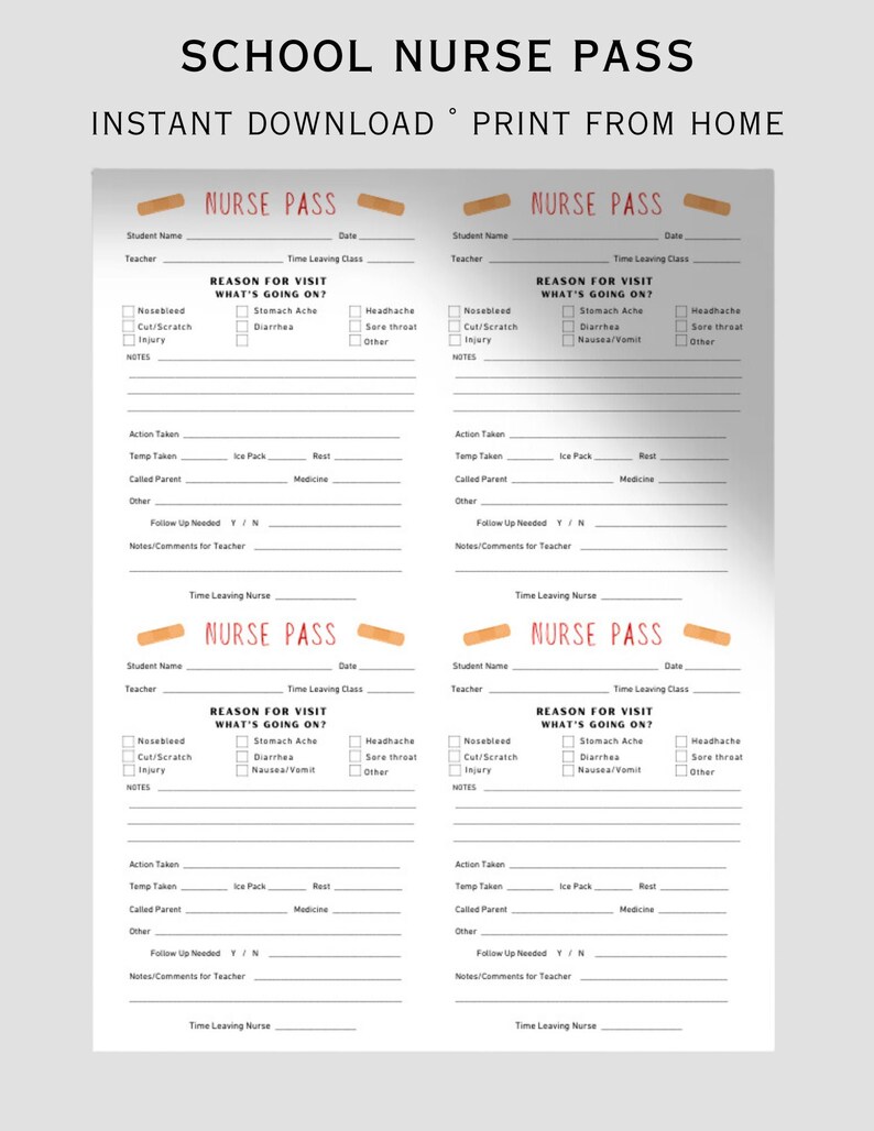 School Nurse I Pass L School Nurse Pass Printable L School Nurse Form L School Nurse Decor L