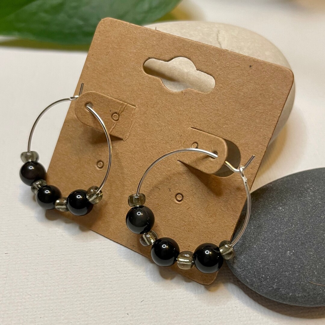 Obsidian Gemstone Glass Bead Hoop Earrings, Large//boho Earrings//gifts ...