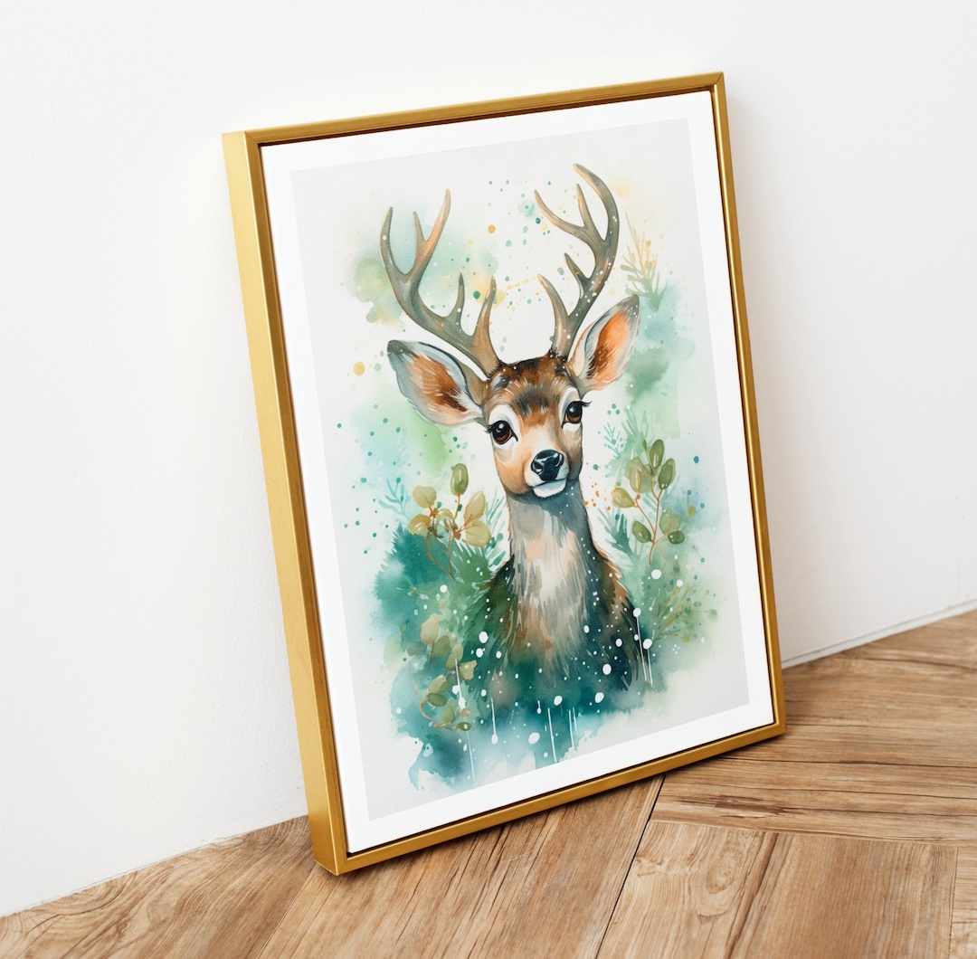 Cute Christmas Reindeer Digital Poster Green and Gold - Etsy