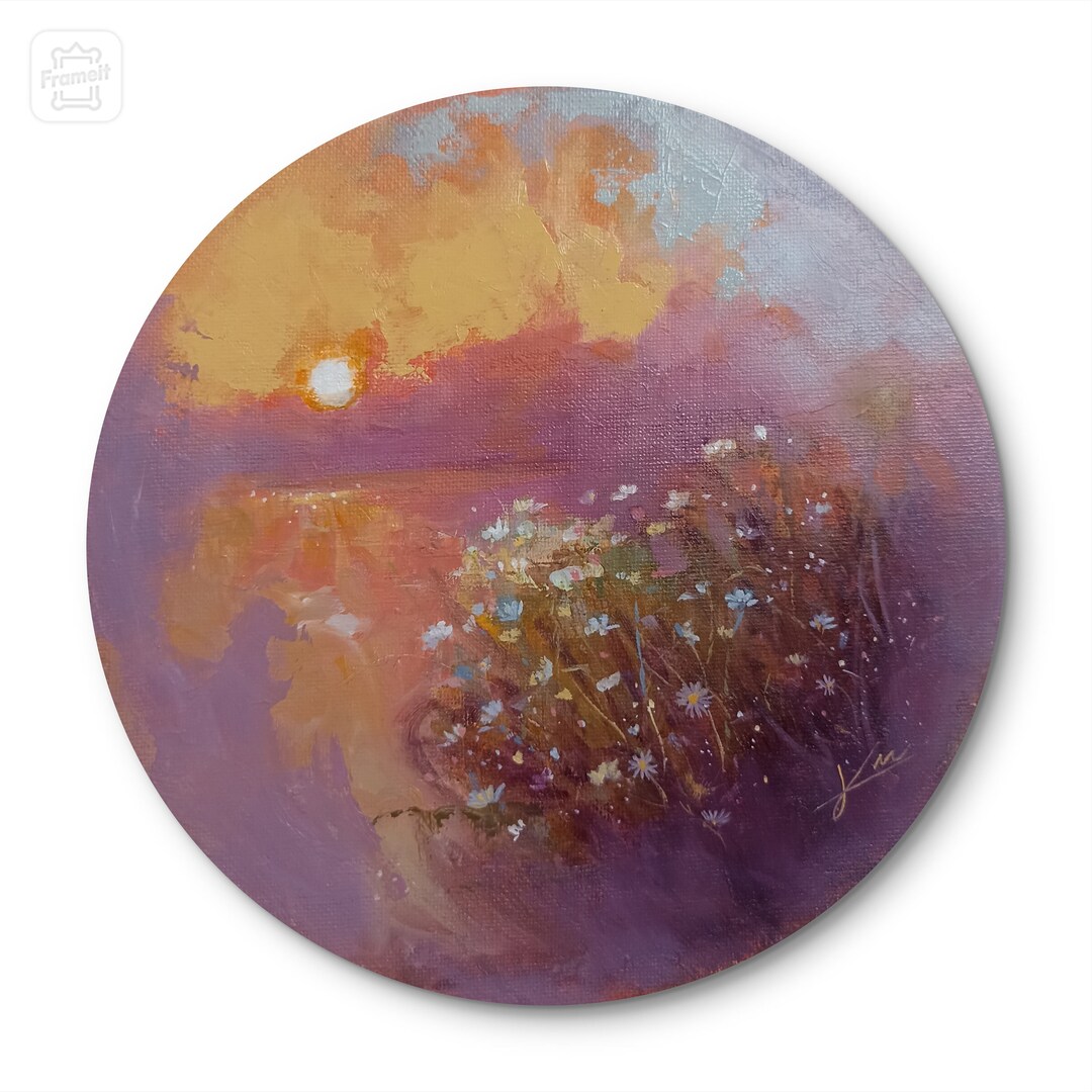 Round Painting of Sunset, Circle Painting Warm Colors - Etsy