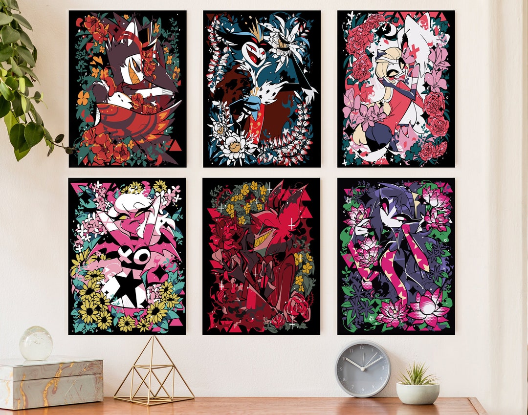 Vintage Hazbin Hotel Character Floral Poster Wall Art, Anime Cartoon ...