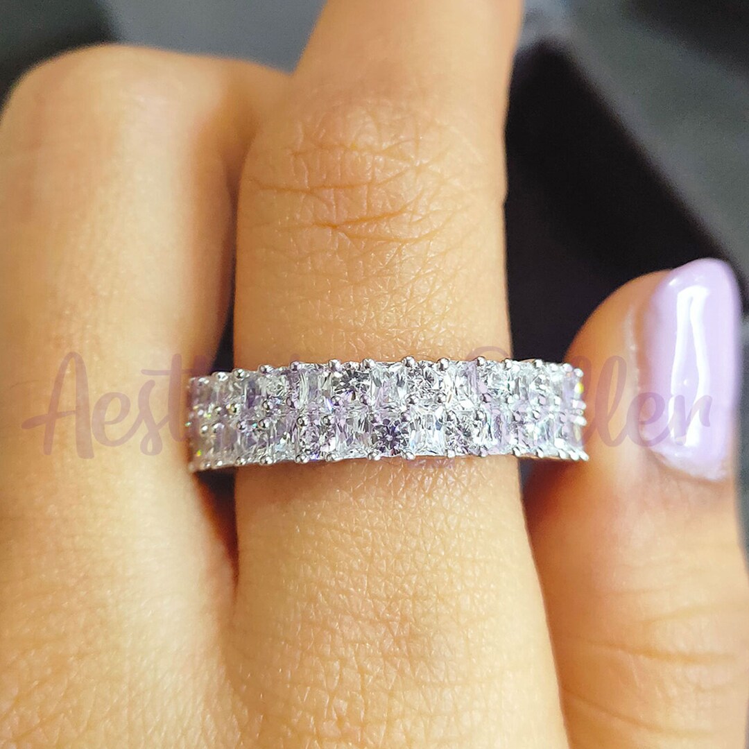 Double Row Wedding Band Ring, 3 Ct Round & Radiant Cut White Moissanite ...