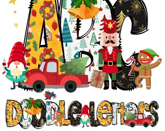 Christmas Doodle Alphabet, Reindeer, Elf, Santa Claus, Snowman ...