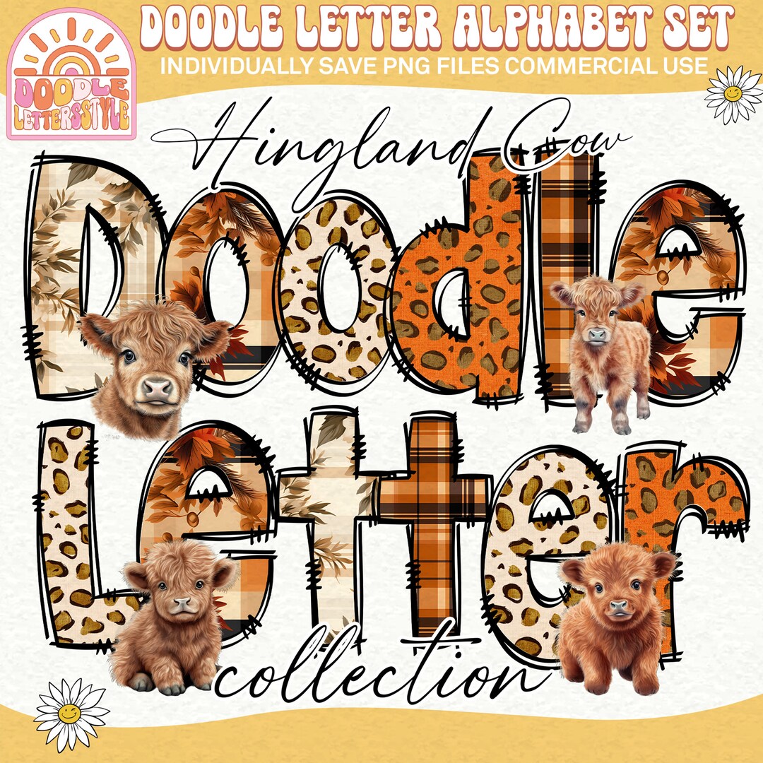 Highland Cow Lover Rustic Cowhide Doodle Alphabet Letters PNG Bundle ...