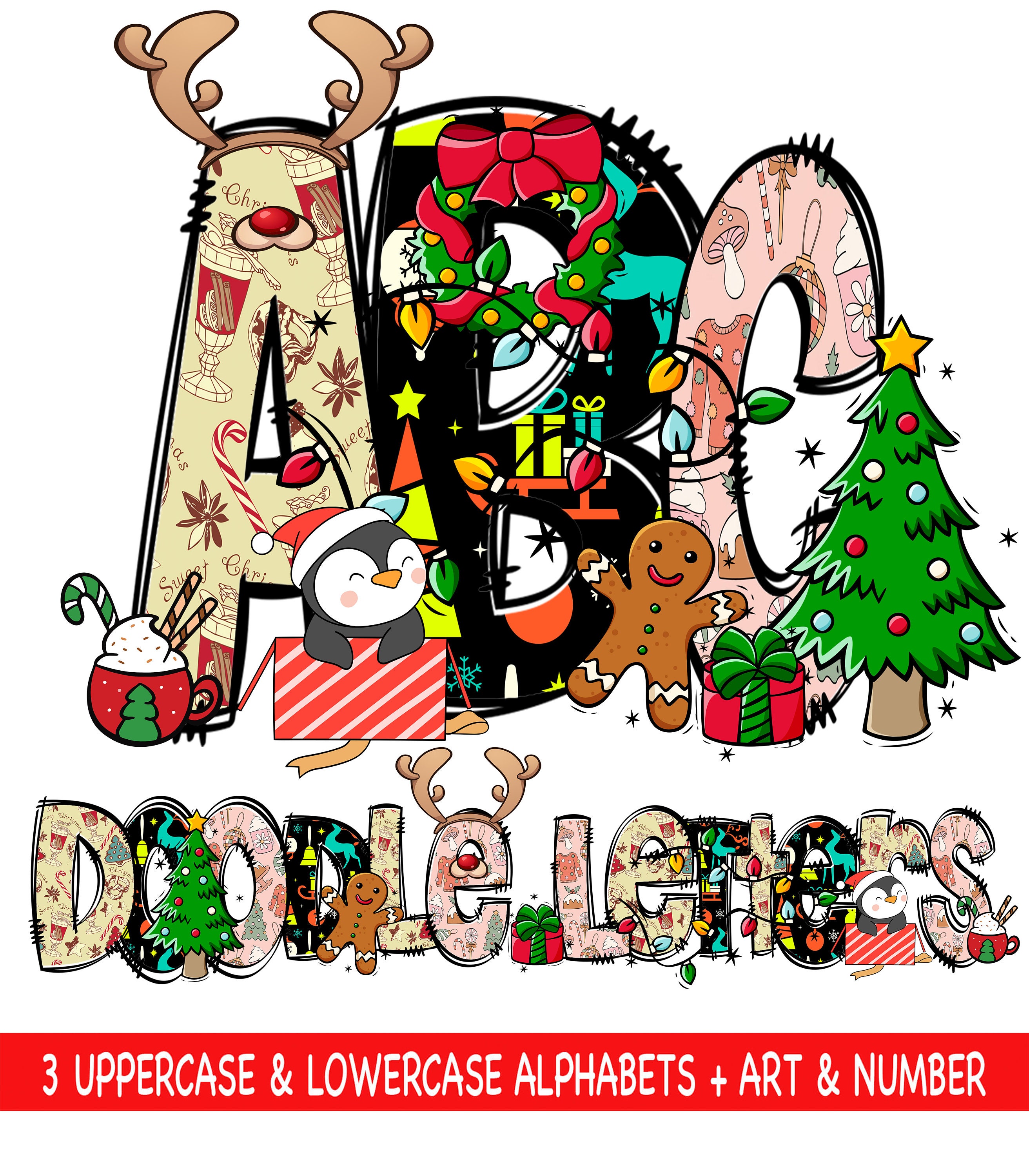 Christmas Alphabet Png Files Bundle, Christmas Doodle Letters Png ...