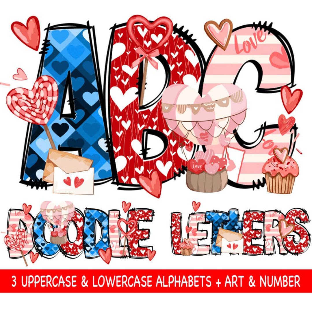 MEGA Valentines Doodle Letters With Clip Art PNG Files, Custom Name ...