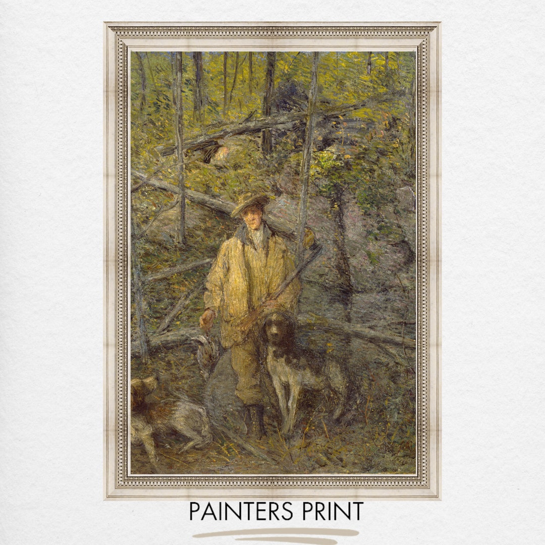 Vintage Print Hunter With Dogs Traditional Rustic Hunting Cabin Autumn ...