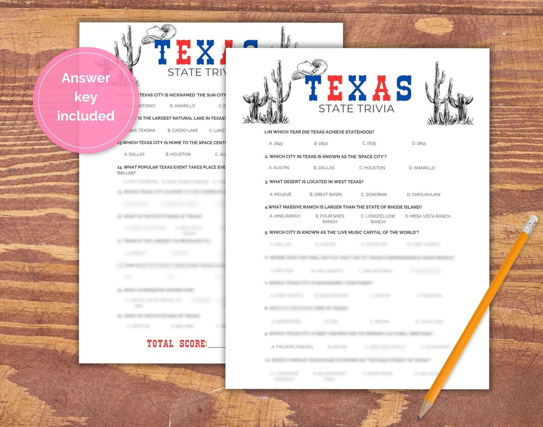 Texas Trivia Game, USA Trivia, Printable Trivia Game, Family Game Night ...