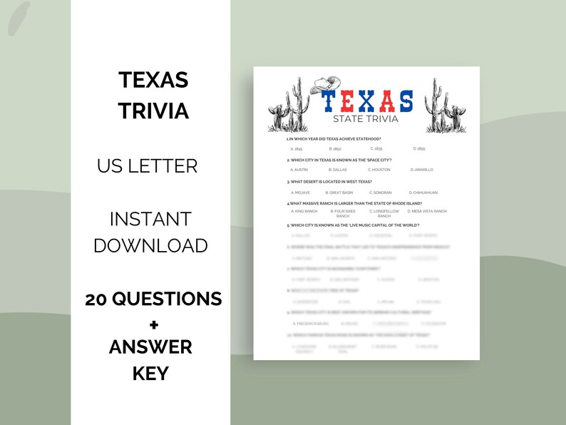 Texas Trivia Game, USA Trivia, Printable Trivia Game, Family Game Night ...