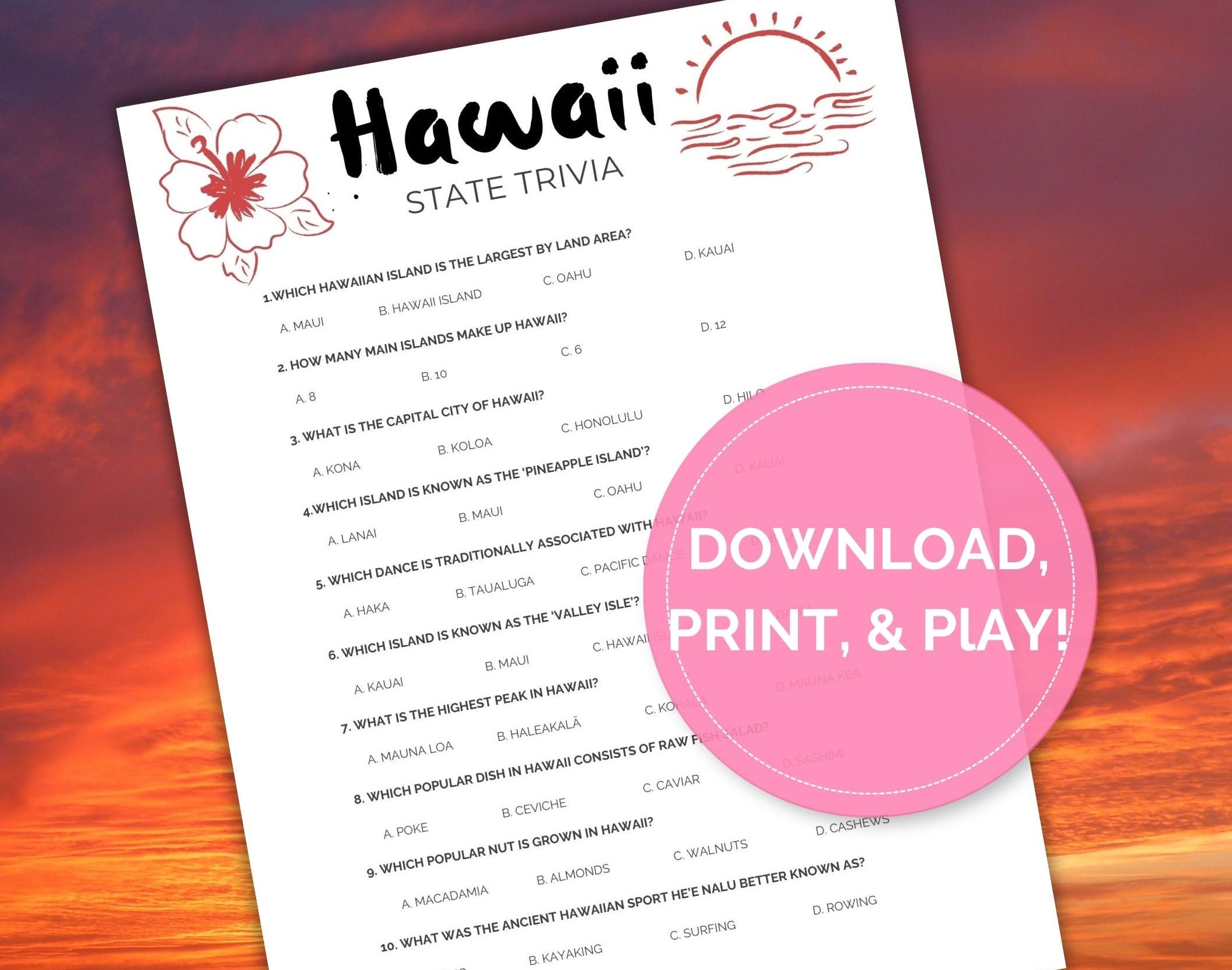 Hawaii Trivia Game, Printable Trivia, Hawaii State Trivia, Digital ...