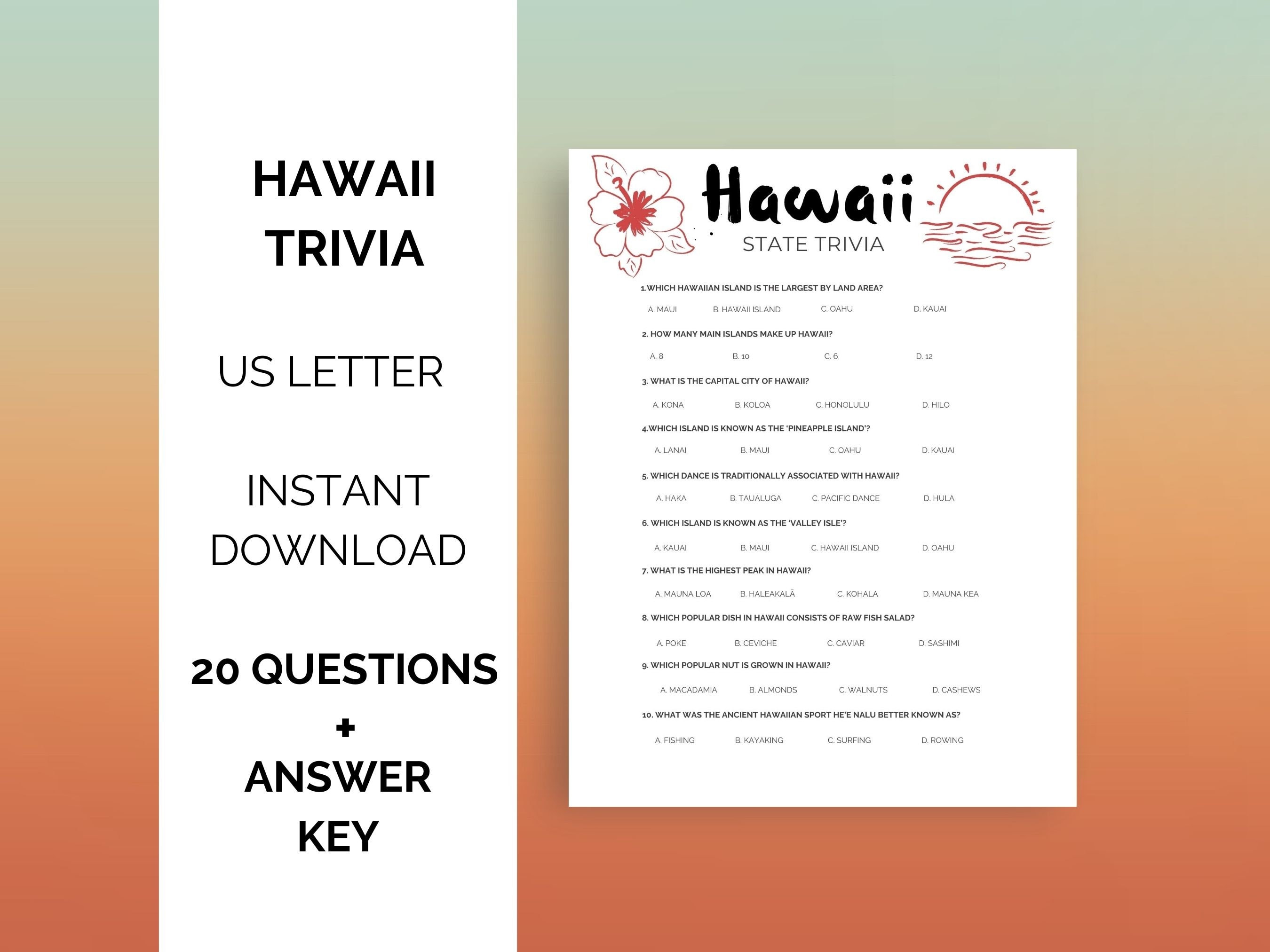 Hawaii Trivia Game, Printable Trivia, Hawaii State Trivia, Digital ...