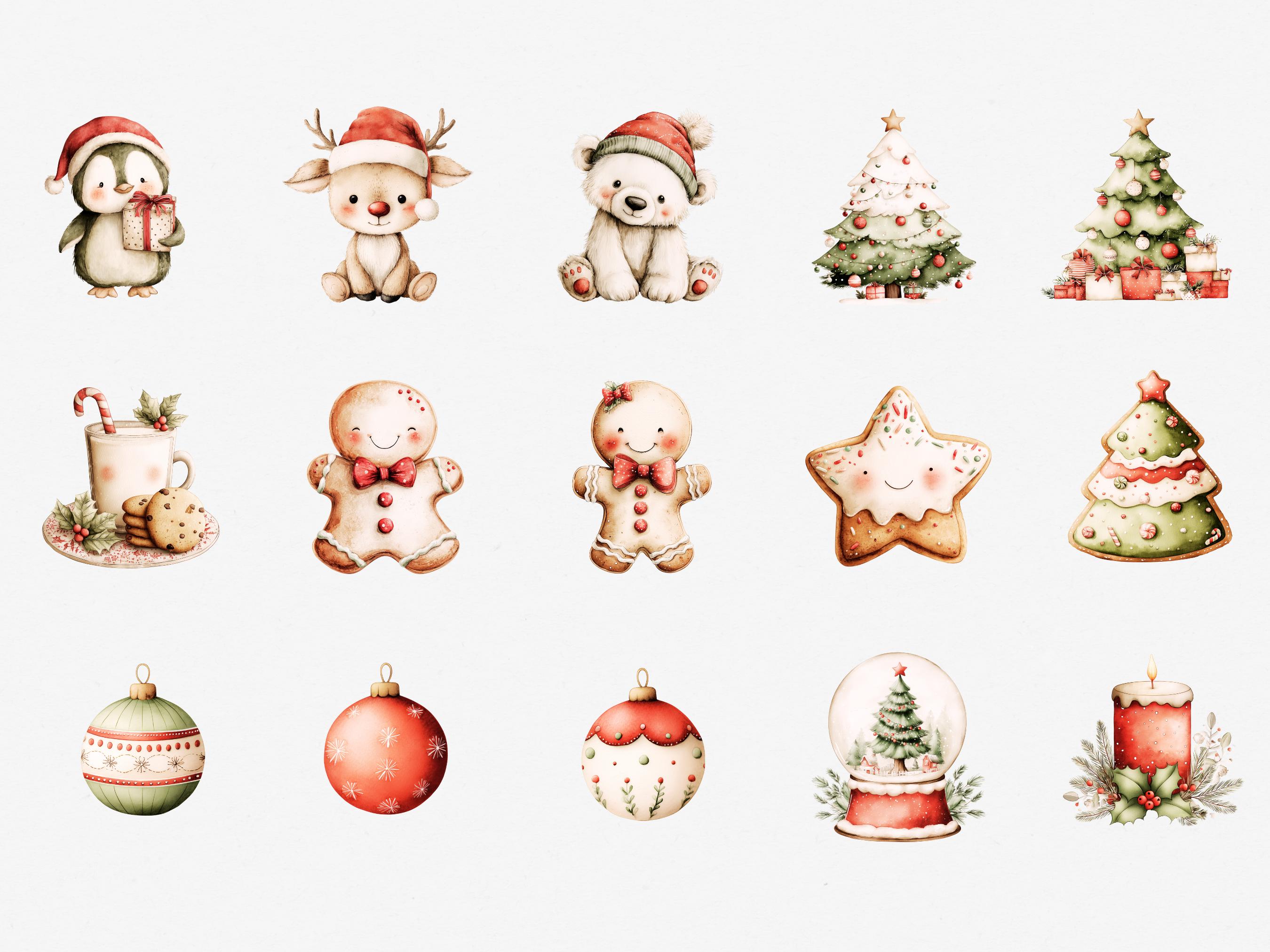 50 Watercolor Christmas Cute Clipart, Santa Claus Clipart, Ornament ...