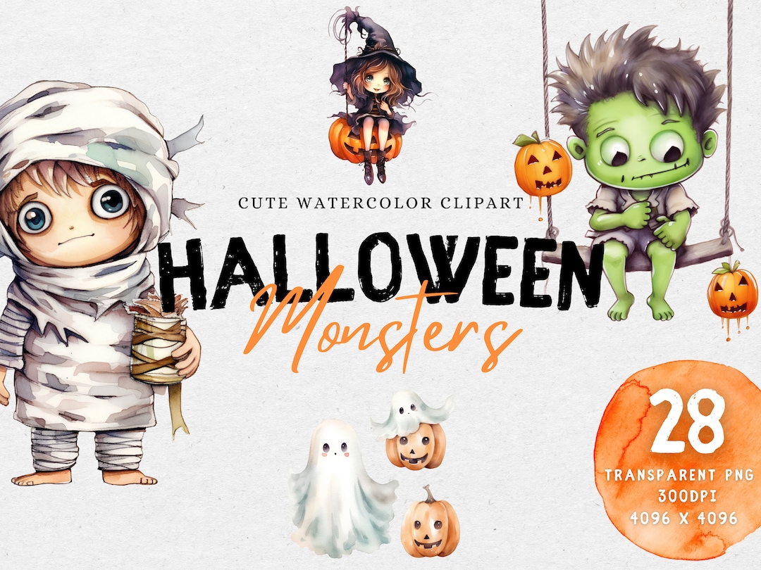 28 Cute Monsters Halloween Watercolor Clipart | Halloween Clipart for ...