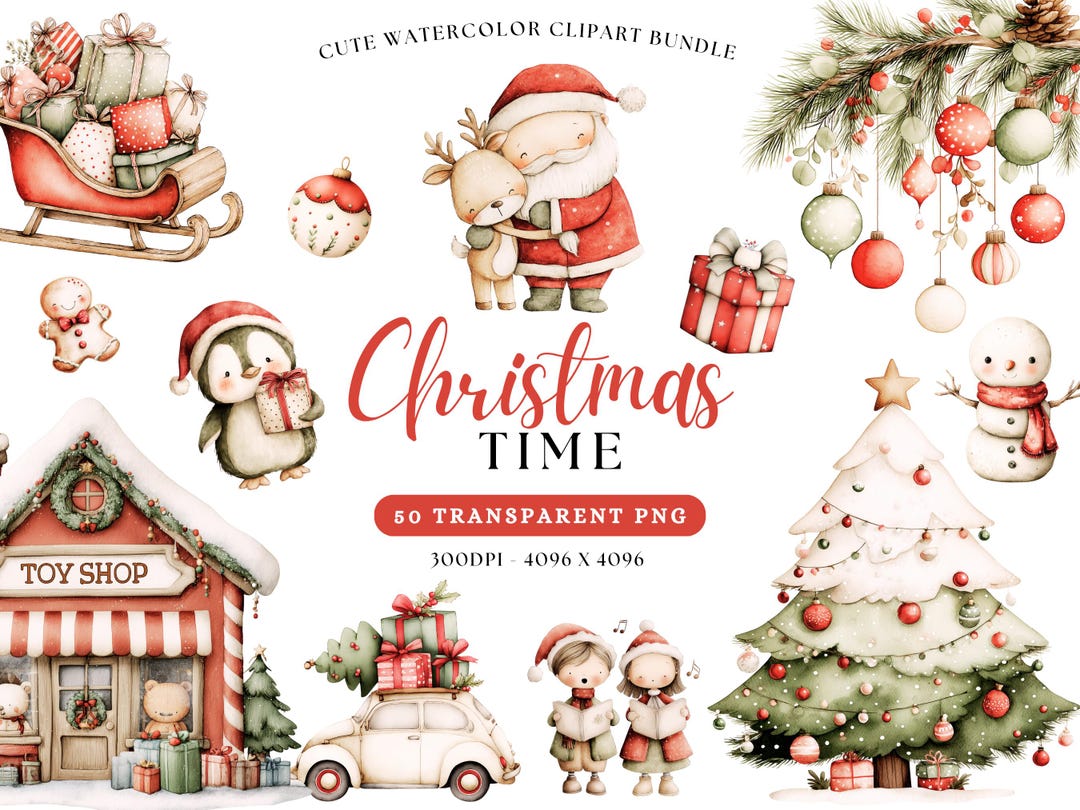 50 Watercolor Christmas Cute Clipart, Santa Claus Clipart, Ornament ...