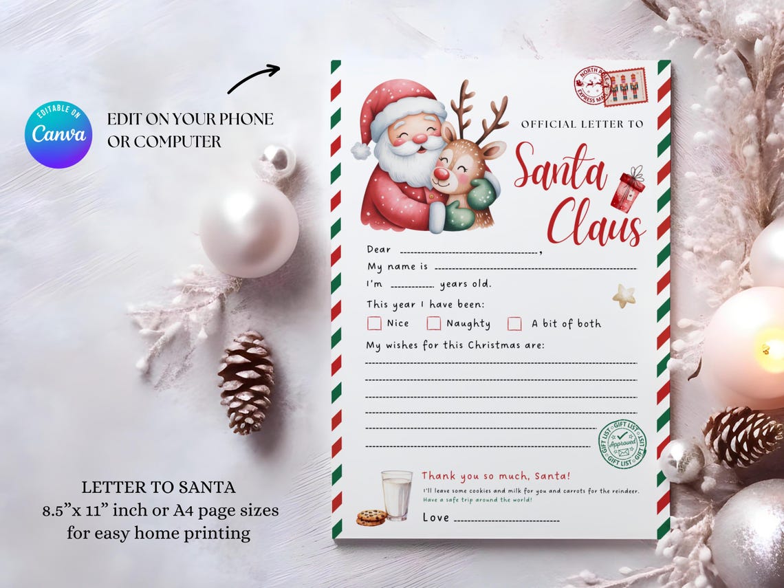 Letter to Santa Editable, Printable Santa Wish List Letters, Christmas ...