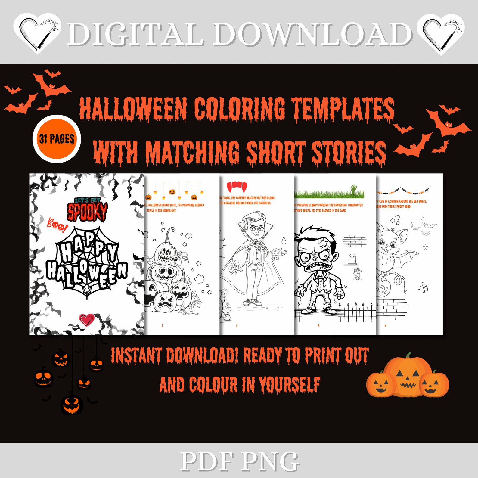 Halloween Coloring Pages for Kids With Matching Short Stories - Etsy