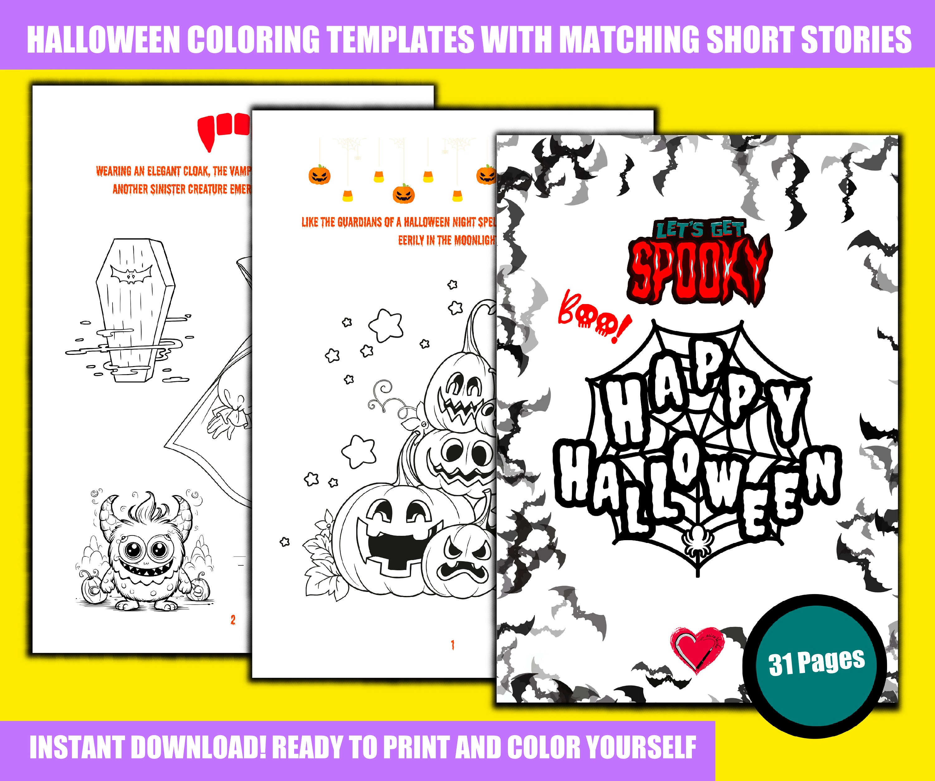 Halloween Coloring Pages for Kids With Matching Short Stories - Etsy
