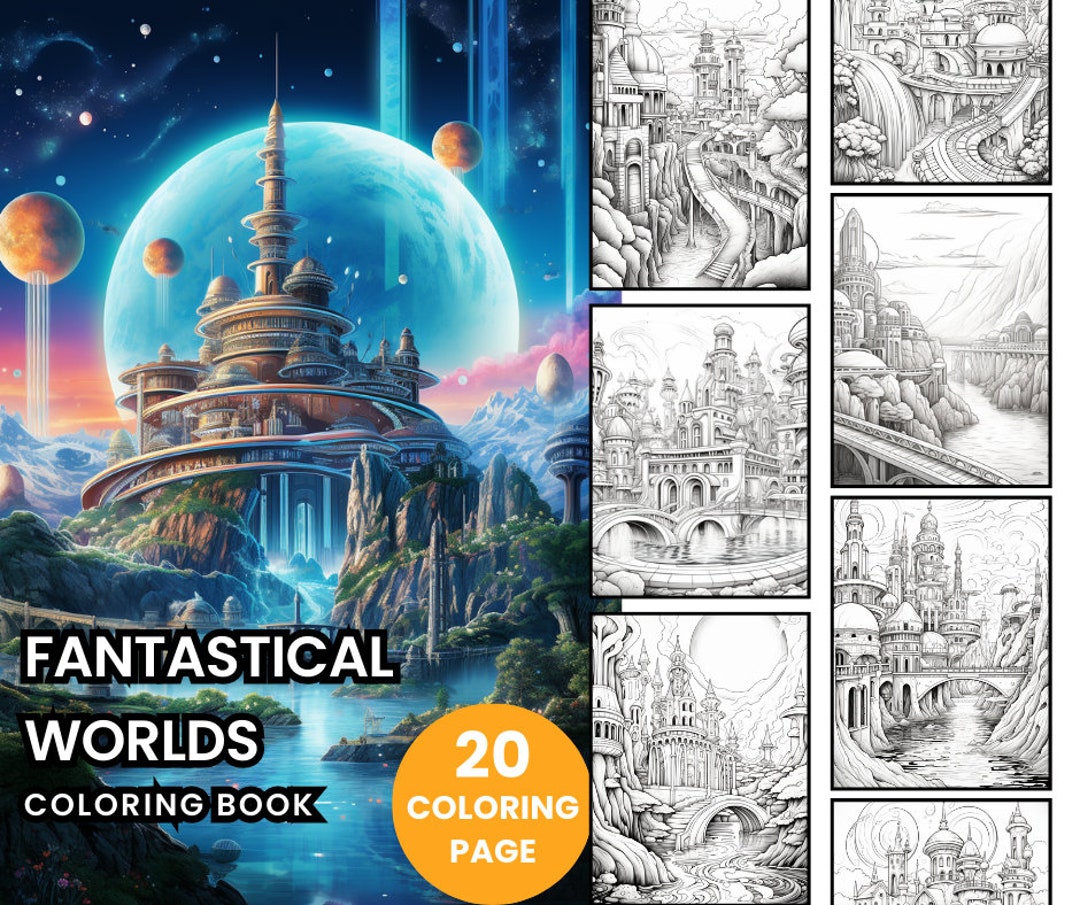 Fantastical Worlds Coloring Book - Adult Coloring Pages, Instant Download, Grayscale Coloring ...