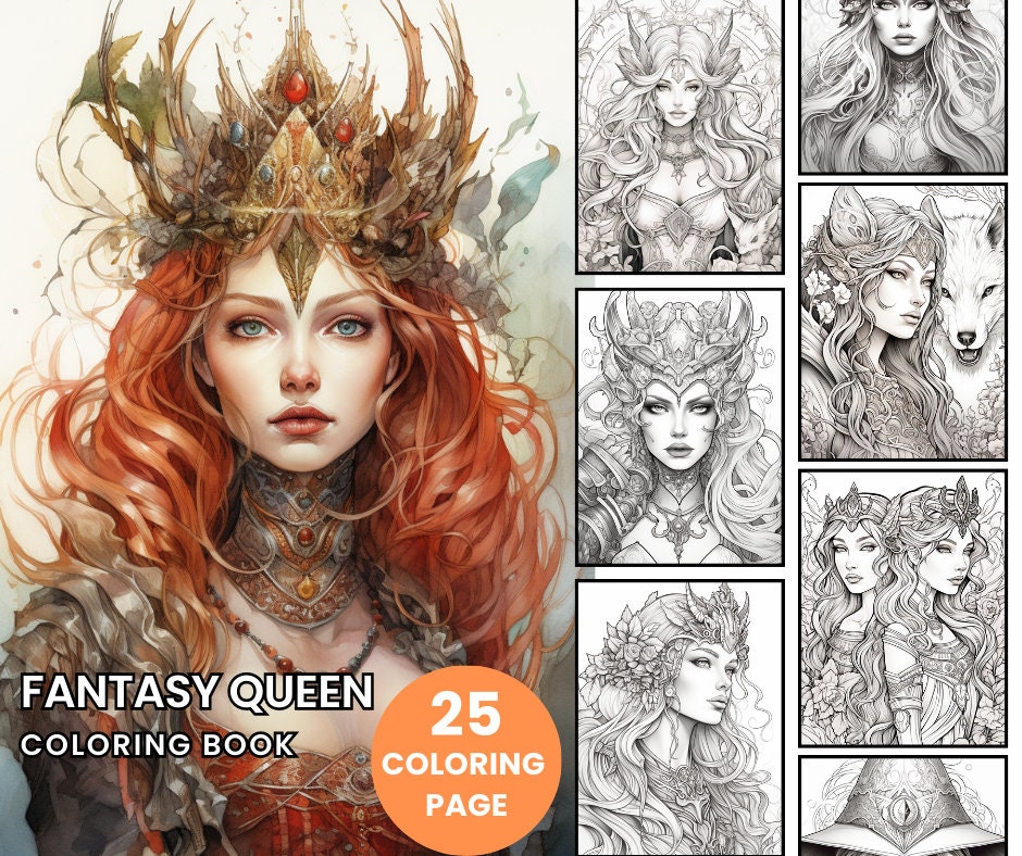 Fantasy Queen Coloring Book - Adult Coloring Pages, Instant Download ...