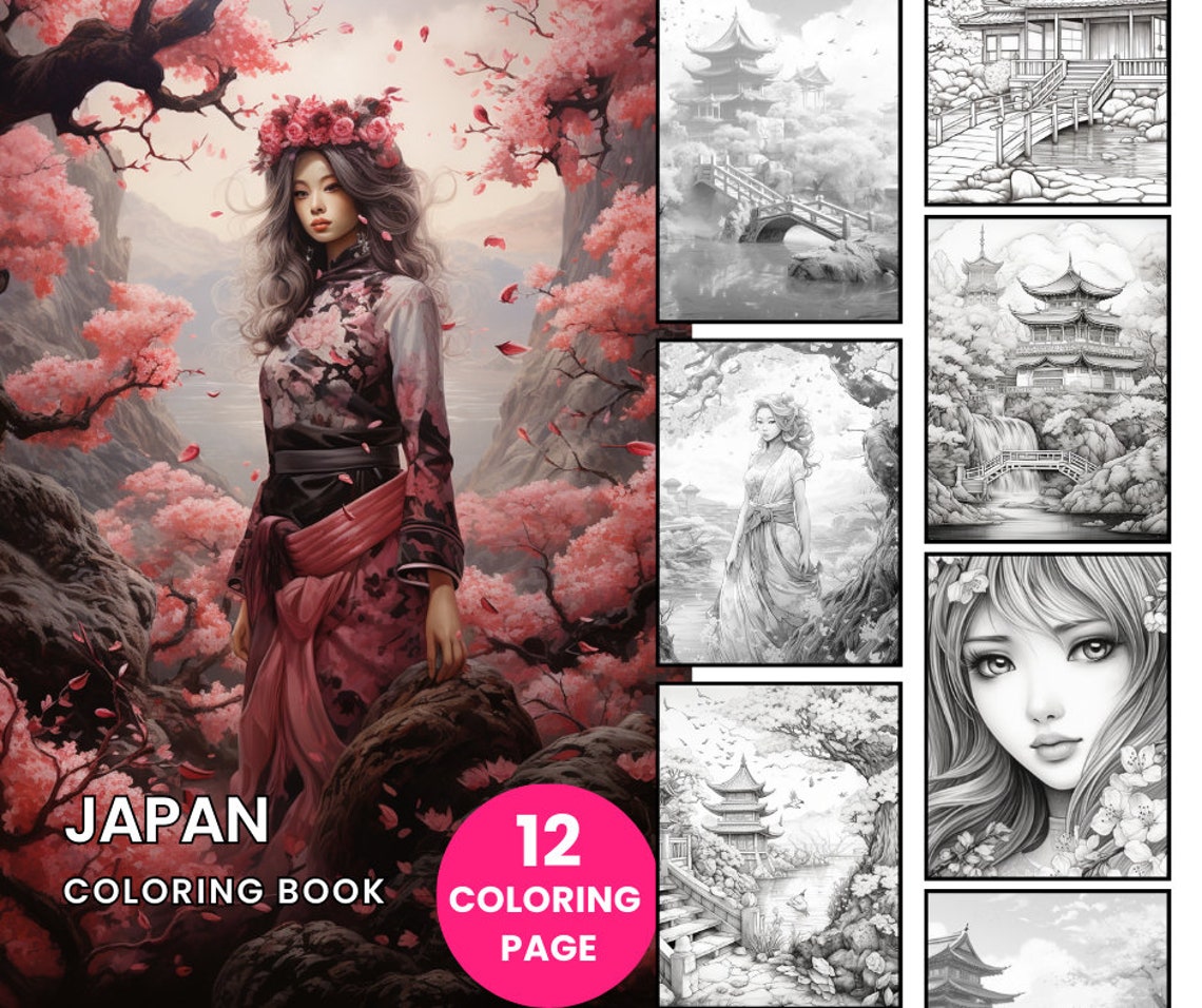 Japan Coloring Book Adult Coloring Pages, Instant Download, Grayscale ...
