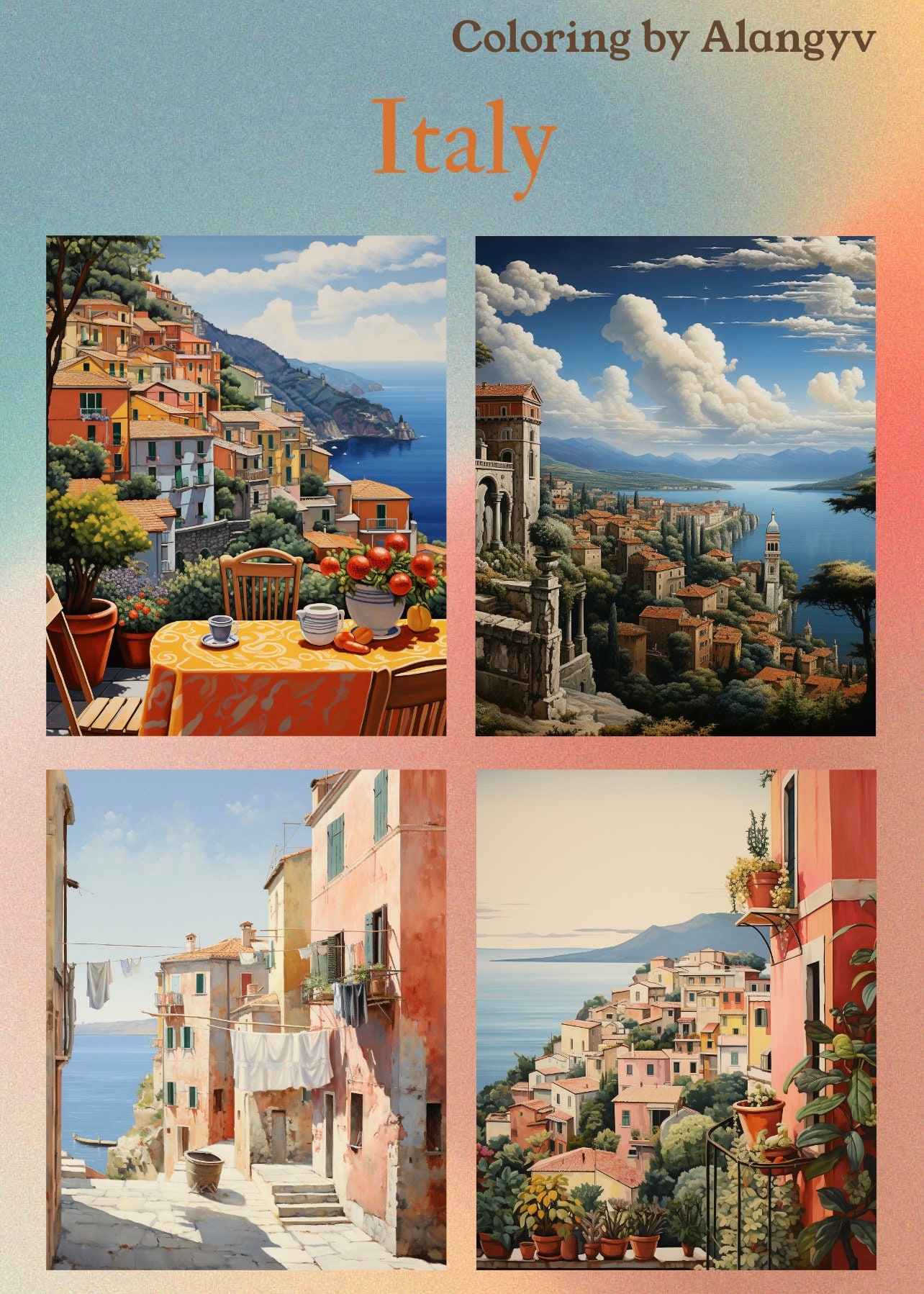 Italy Coloring Book - Adult Coloring Pages, Instant Download, Grayscale ...