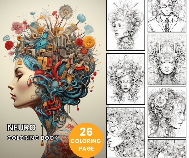 Neuro Coloring Book Adult Coloring Pages, Instant Download, Grayscale ...