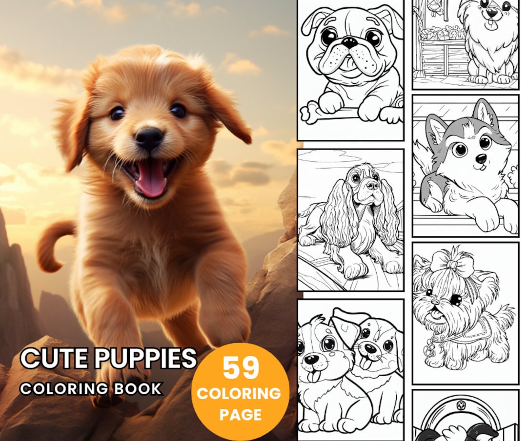 Cute Puppies Coloring Book Coloring Pages, Instant Download, Grayscale ...