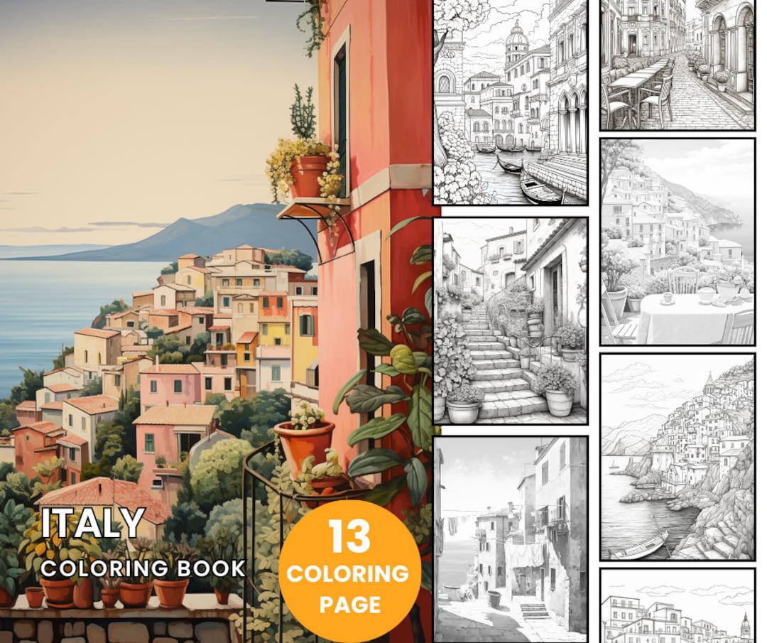 Italy Coloring Book - Adult Coloring Pages, Instant Download, Grayscale ...
