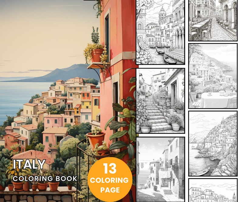 Italy Coloring Book - Adult Coloring Pages, Instant Download, Grayscale ...