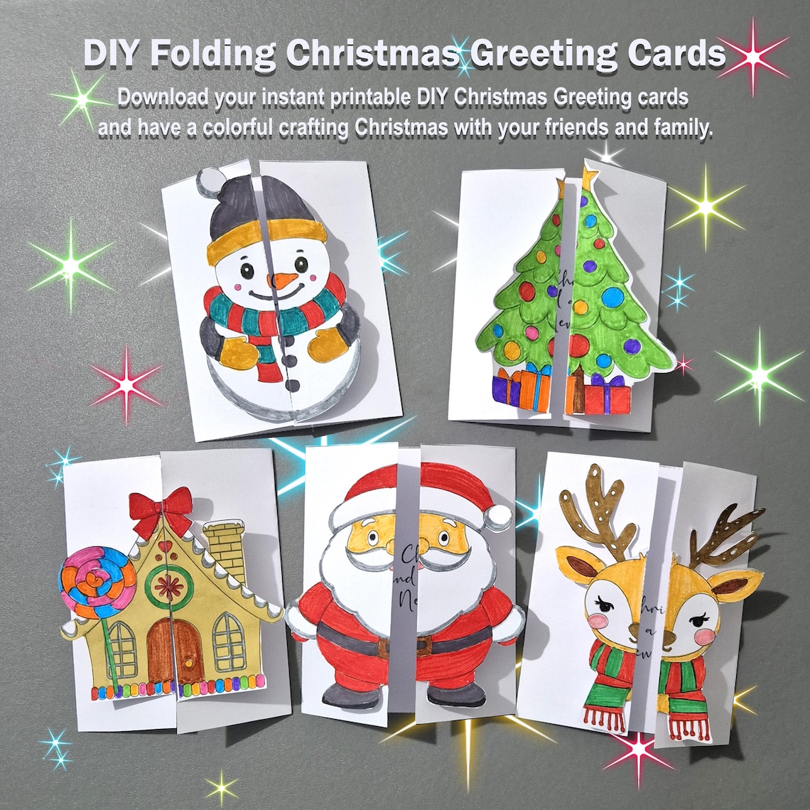 Set of 5 DIY Folding Christmas Greeting Cards - Etsy