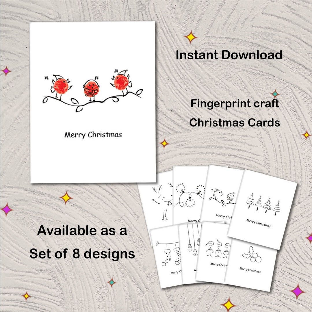 Set of 8 Printable DIY Fingerprint Craft Christmas Cards Instant ...