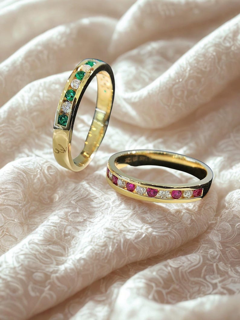 Buy 10KT Yellow Gold Diamond & Ruby Wedding Band Set | Minimalist ...