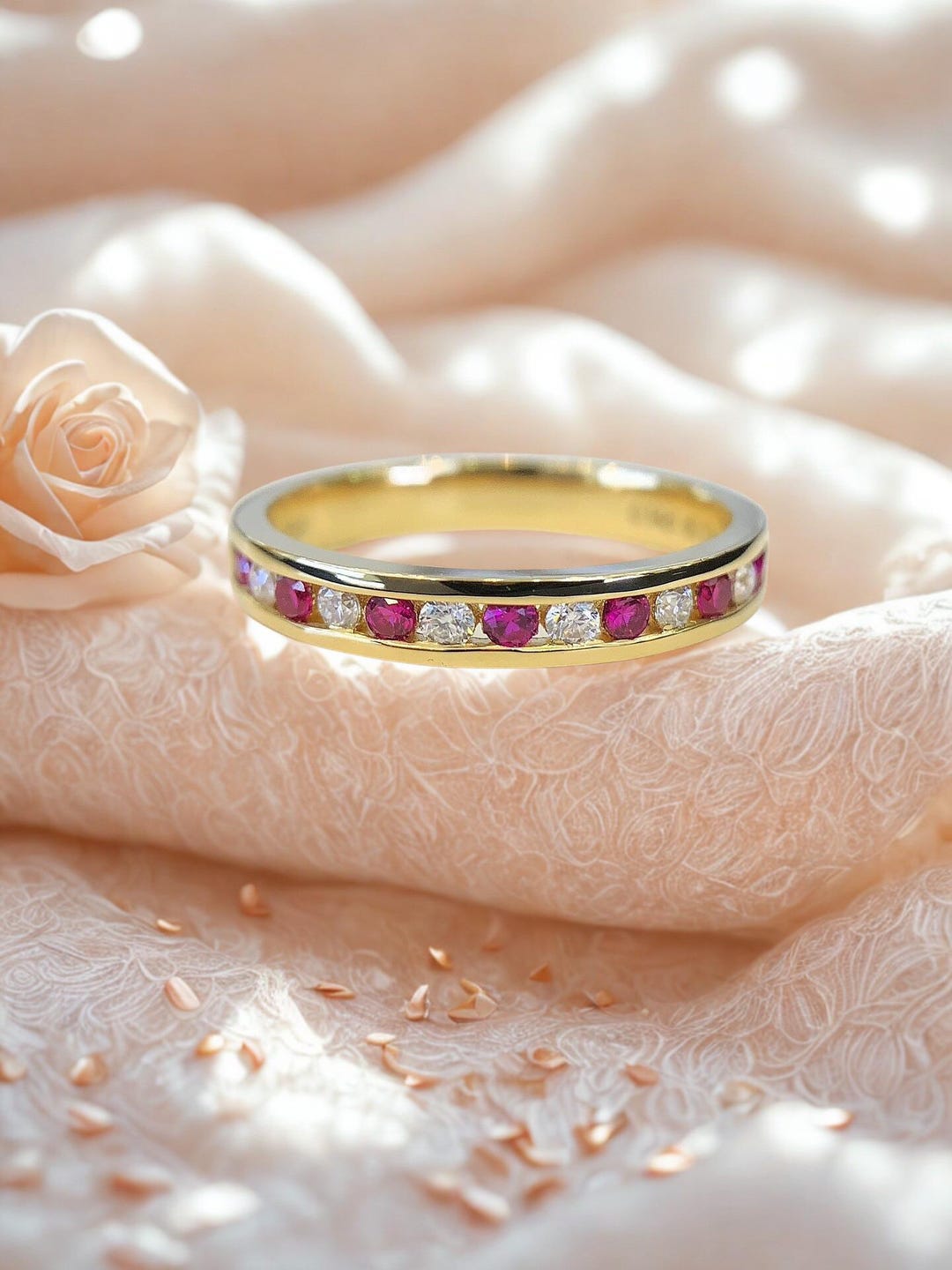 Buy 10KT Yellow Gold Diamond & Ruby Wedding Band Set | Minimalist ...