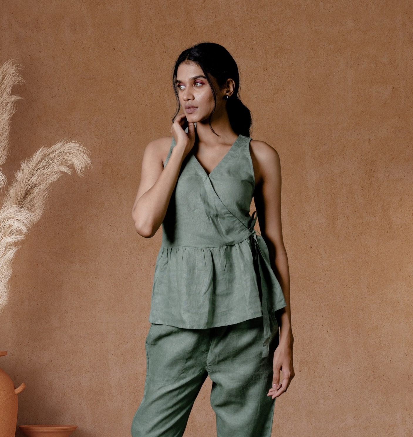 Linen Wrap Top Pant Sleeveless Wrap Top Bottom Classic Angrakha Top ...