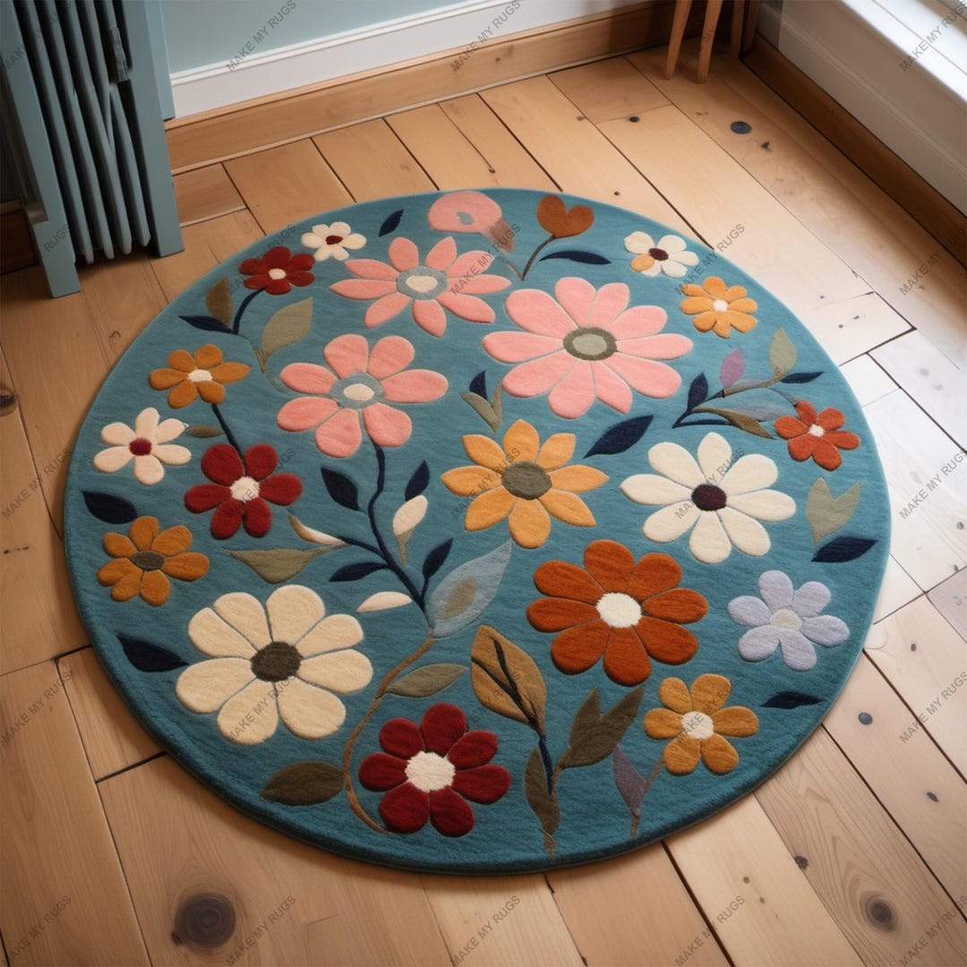 Flower Round Rug Hand Tufted Wool Rugs Area Rug for Kitchen Living Room ...