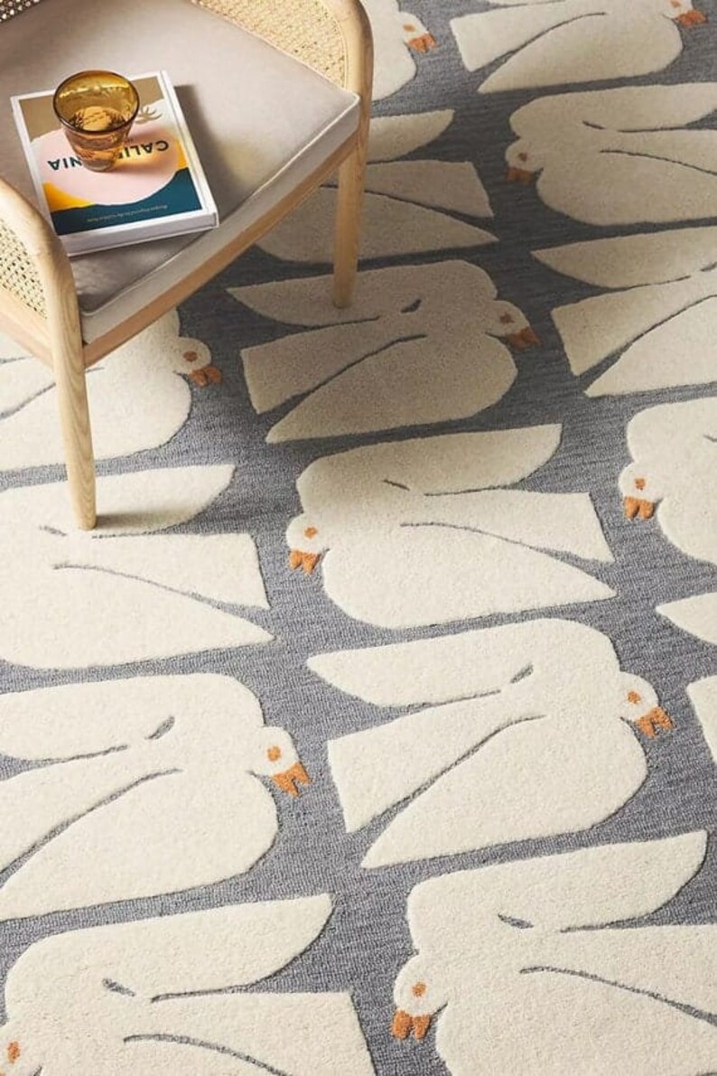 White Birds With Grey Loop Background Hand-tufted 100% Wool Handmade ...