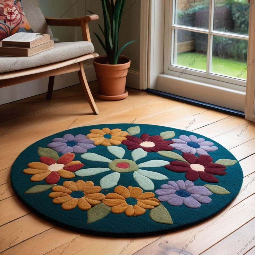 Flower Round Rug Hand Tufted Wool Rugs Area Rug for Kitchen Living Room ...